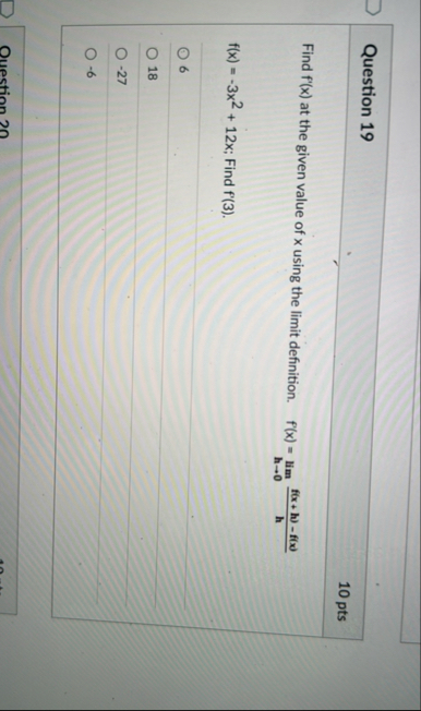 [Solved]: Question 19 10 pts Find f^(')(x) at the given