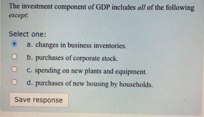 Solved The investment component of GDP includes all of the | Chegg.com