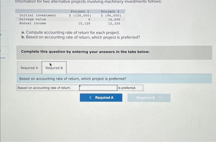 Solved Information for two alternative projects involving | Chegg.com