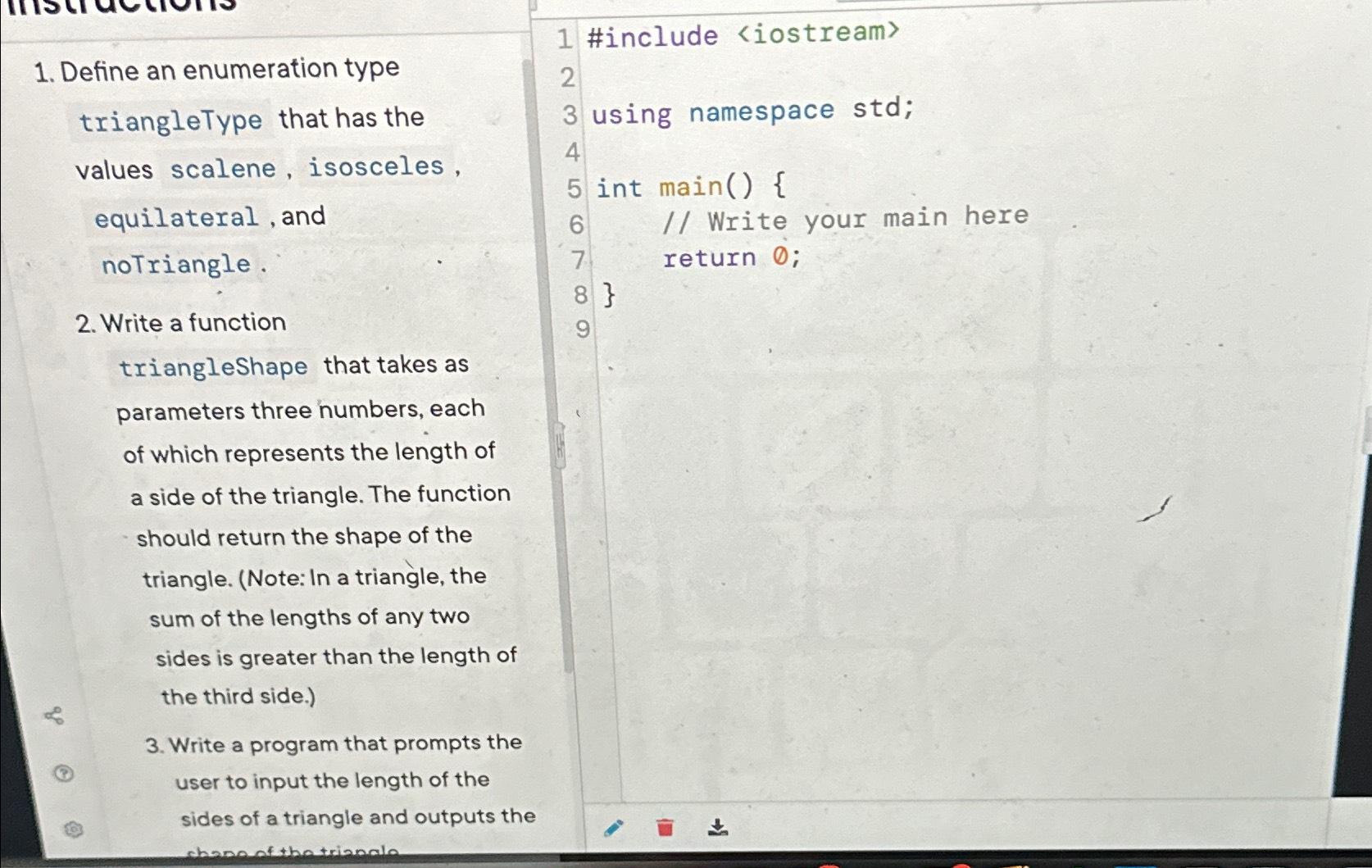 Solved Define an enumeration type triangleType that has the | Chegg.com