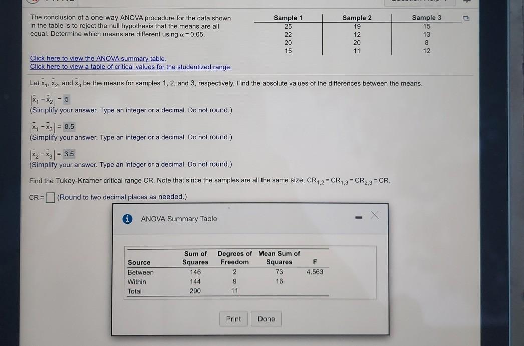 Solved The conclusion of a one-way ANOVA procedure for the | Chegg.com