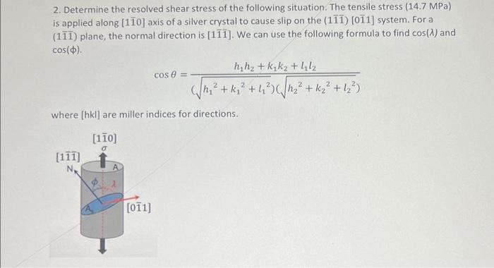 Solved 2. Determine the resolved shear stress of the | Chegg.com