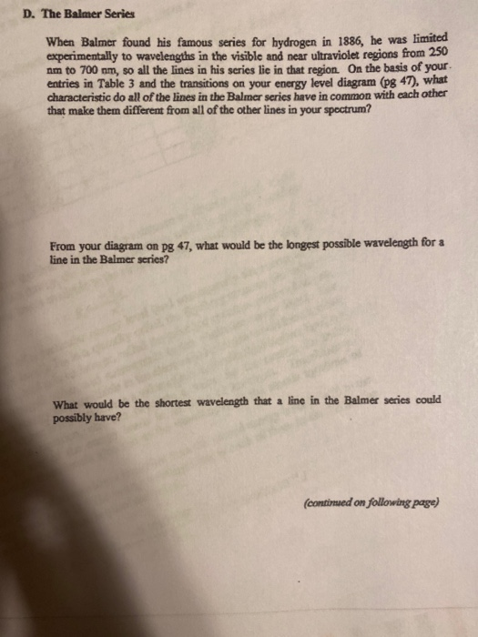 Solved D. The Balmer Series When Balmer found his famous | Chegg.com