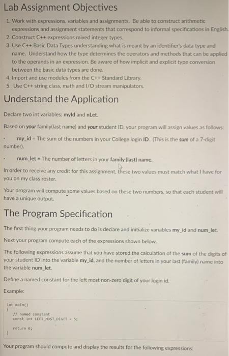 Solved Lab Assignment Objectives 1. Work with expressions, | Chegg.com