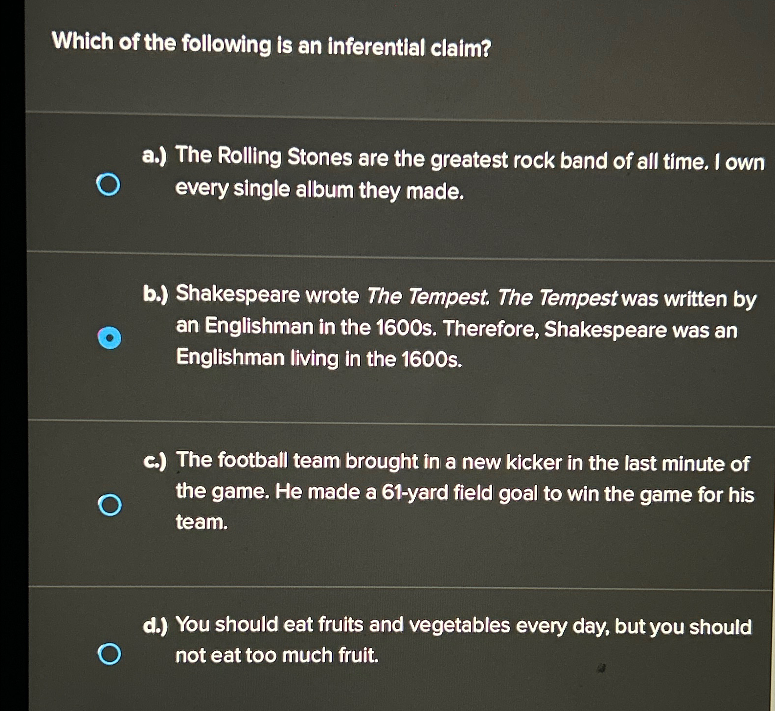Solved Which of the following is an inferential claim?a.) | Chegg.com