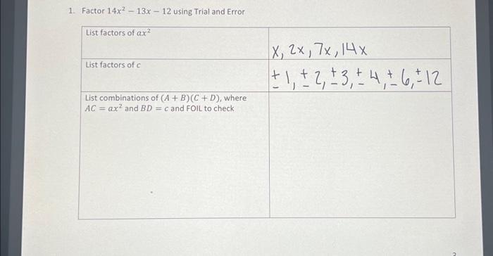 Solved actor 14x2−13x−12 using Trial and Error | Chegg.com