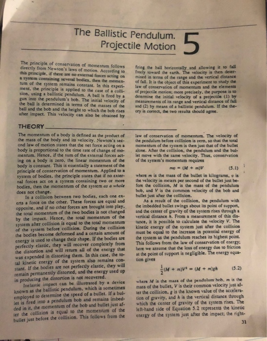 The Ballistic Pendulum. Projectile Motion 5 The | Chegg.com