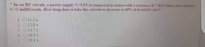 Solved "In an RC circuit, a power supply V-3.0V is connected | Chegg.com