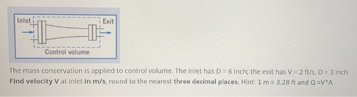 Solved Inlet Exit Control volume The mass conservation is | Chegg.com