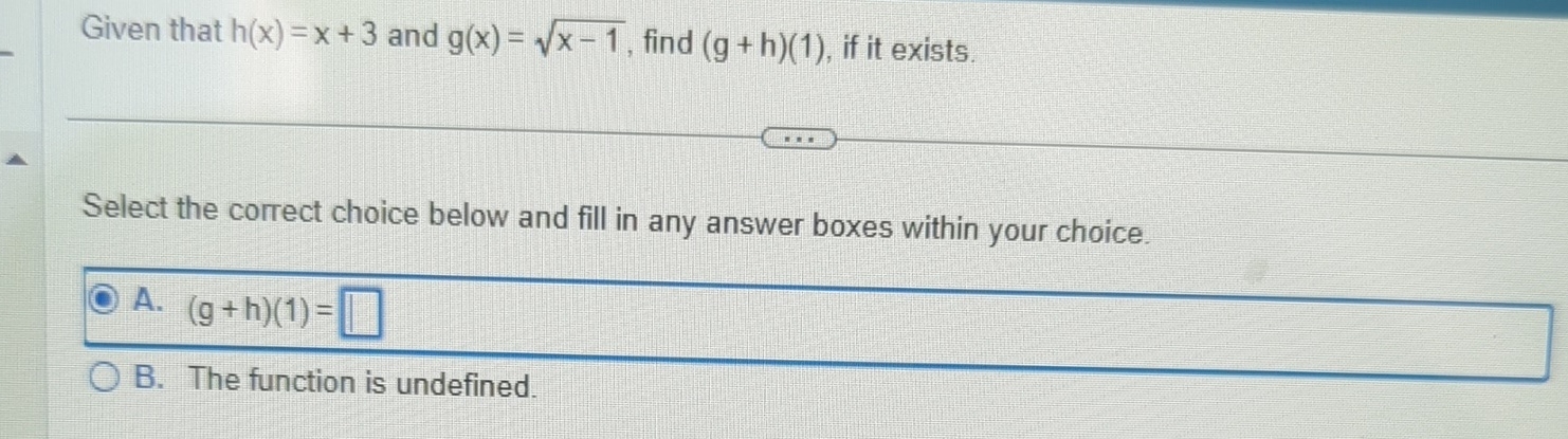 Solved Given that h(x)=x+3 ﻿and g(x)=x-12, ﻿find (g+h)(1), | Chegg.com