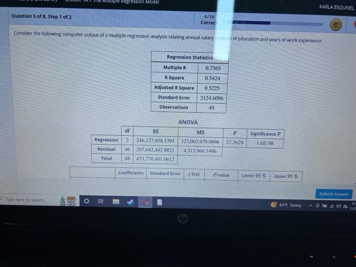 Solved Consider the following computer output of a multiple | Chegg.com