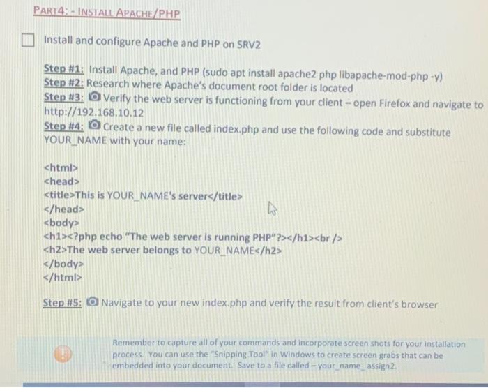 Solved PART4:- INSTALL APACHE/PHP Install and configure | Chegg.com