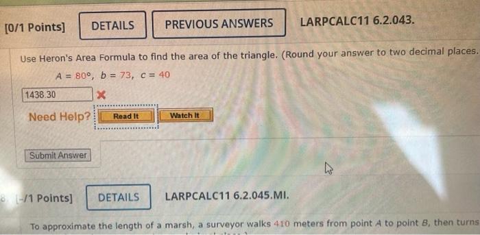 Solved Use Heron's Area Formula to find the area of the | Chegg.com