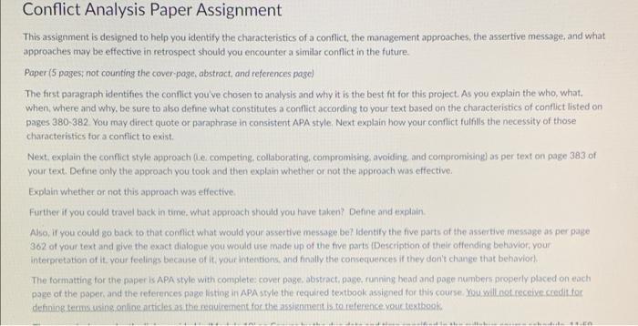 Conflict Analysis Paper Assignment This assignment is | Chegg.com