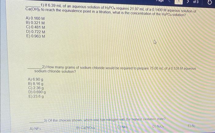 Solved 1) If 6.39 mL of an aqueous solution of H3PO4 | Chegg.com