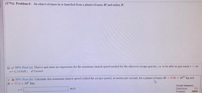 Solved (17\%) Problem 6: An object of mass m is launched | Chegg.com