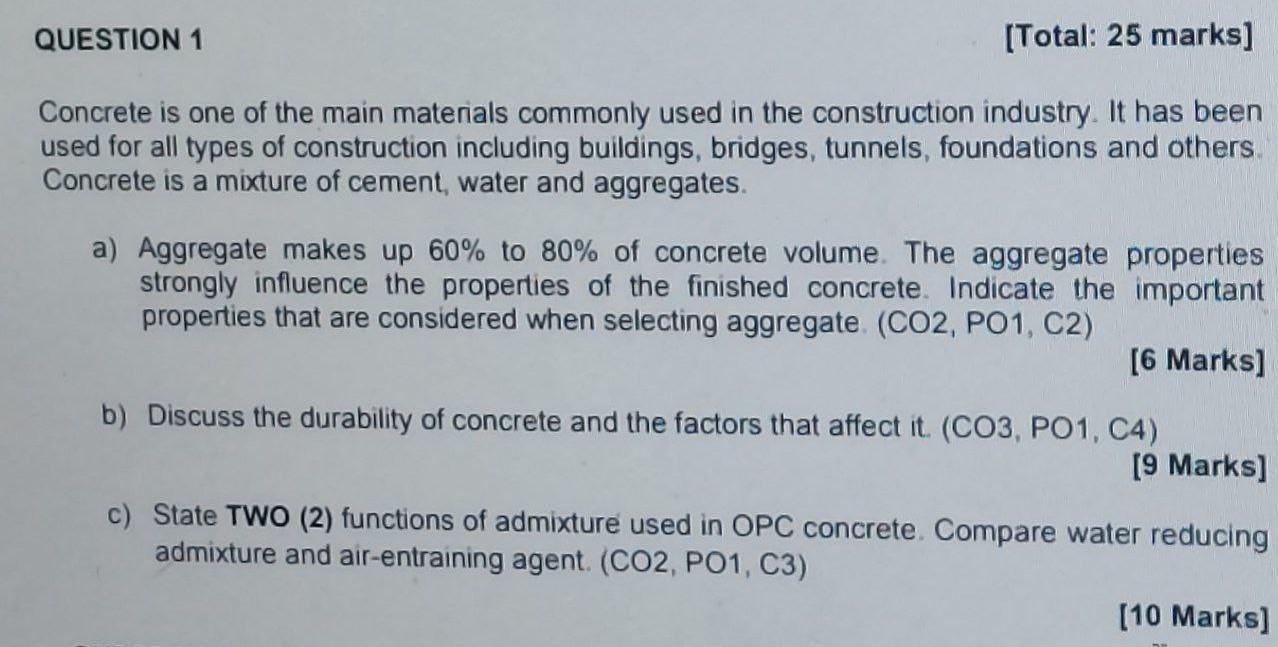 Solved QUESTION 1 [Total: 25 marks] Concrete is one of the | Chegg.com