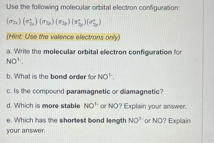 Solved Use The Following Molecular Orbital Electron