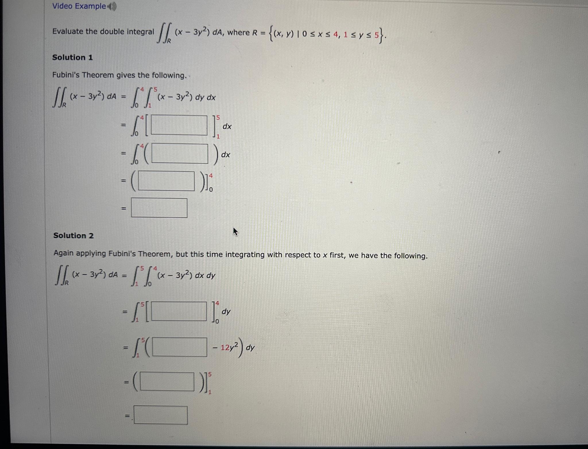 Solved Video Example (1))Evaluate the double integral | Chegg.com