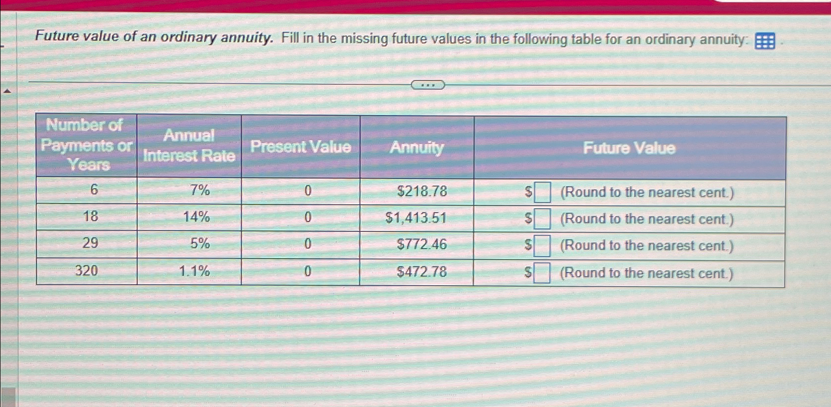 Solved Future value of an ordinary annuity. Fill in the | Chegg.com