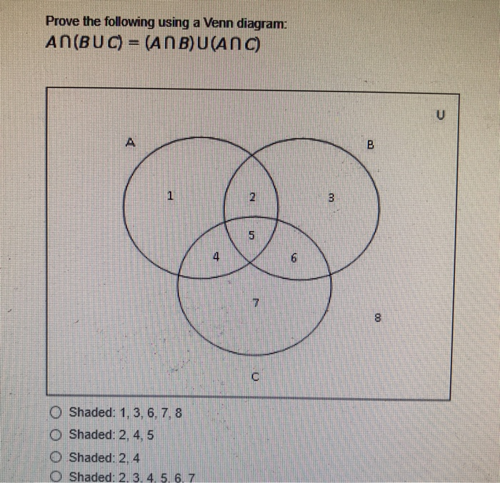 Solved Prove the following using a Venn diagram: AN(BUC) = | Chegg.com