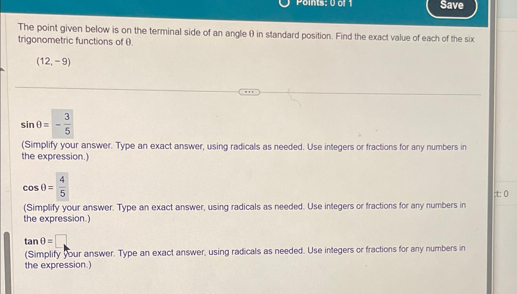 Solved The point given below is on the terminal side of an | Chegg.com