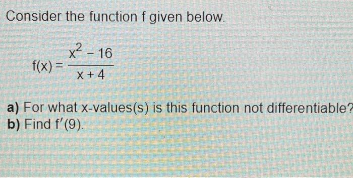 Solved Consider the function f given below. f(x)=x+4x2−16 a) | Chegg.com