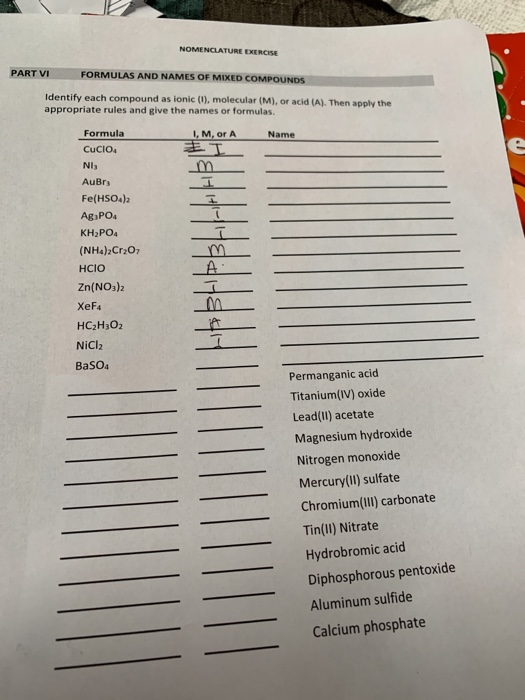 Solved NOMENCLATURE EXERCISE PART VI FORMULAS AND NAMES OF | Chegg.com