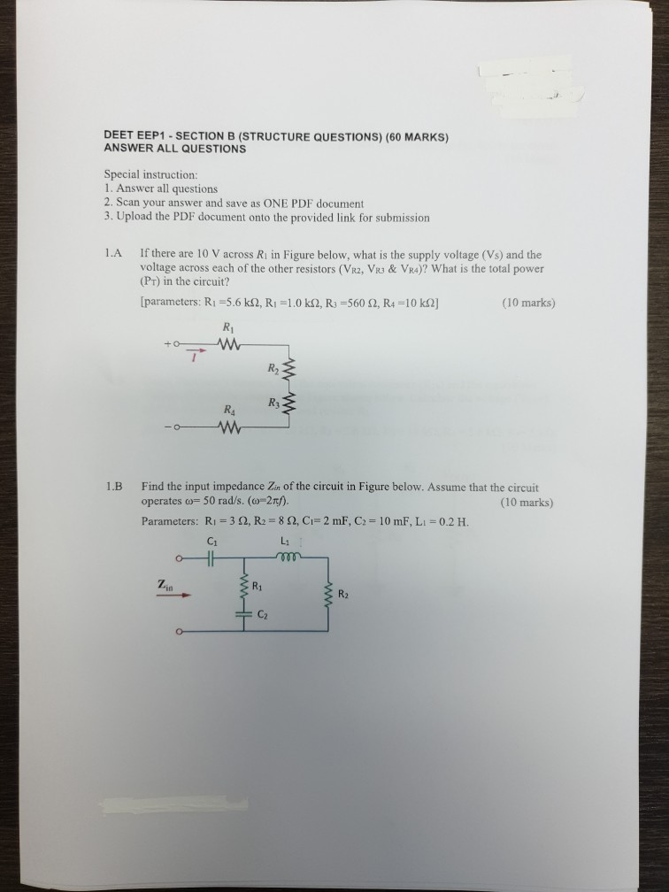 Solved DEET EEP1 - SECTION B (STRUCTURE QUESTIONS) (60 | Chegg.com