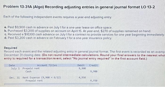 Solved Problem 13-31A (Algo) Recording adjusting entries in | Chegg.com