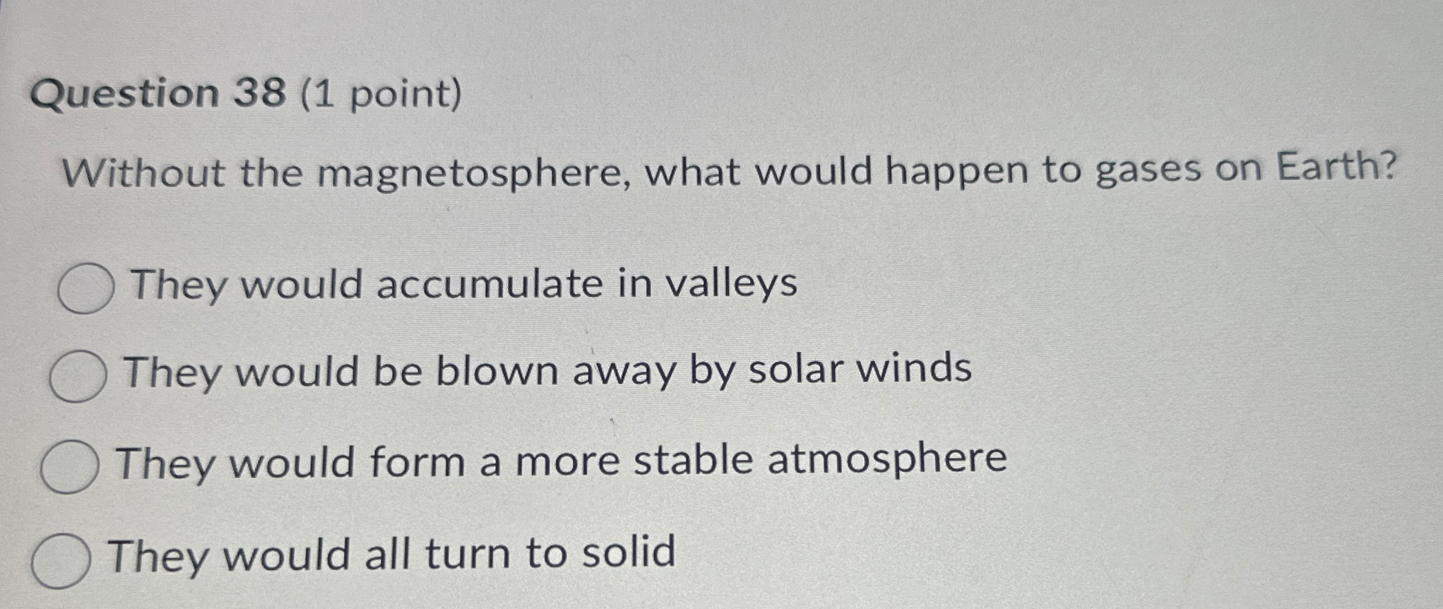 Solved Question 38 (1 ﻿point)Without the magnetosphere, what | Chegg.com