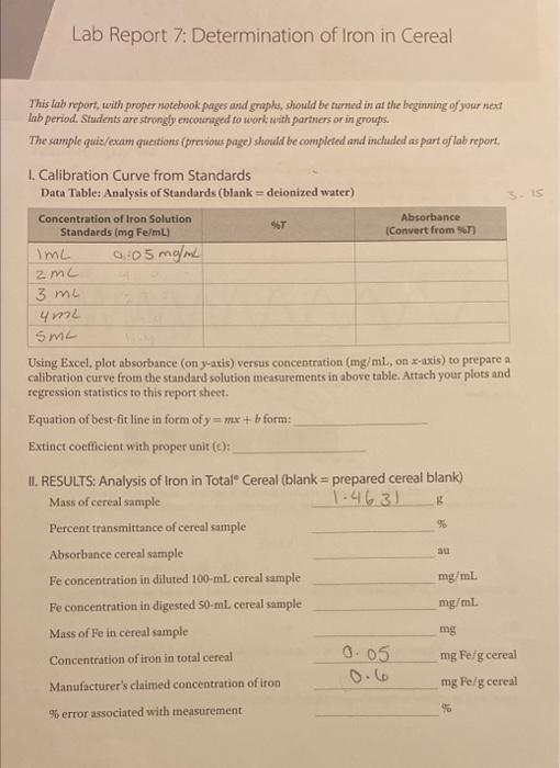 Lab Report 7: Determination of Iron in Cereal This | Chegg.com