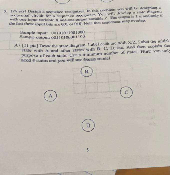Solved 5. [26 pts) Design a sequence recognizer. In this | Chegg.com