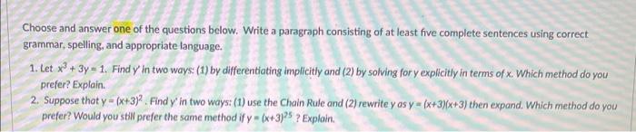 Solved Choose and answer one of the questions below. Write a | Chegg.com