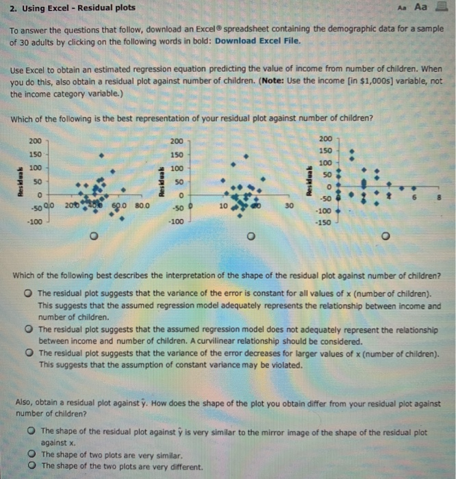 Solved 2. Using Excel - Residual plots Aa Aa 3 To answer the | Chegg.com