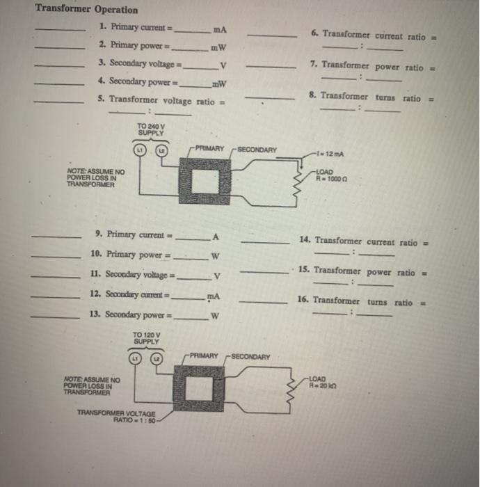 Solved mA 6. Transformer current ratio = mW Transformer | Chegg.com