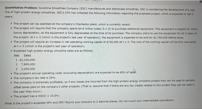 Solved Quantitative Problem: Sunshine Smoothies Compeny | Chegg.com