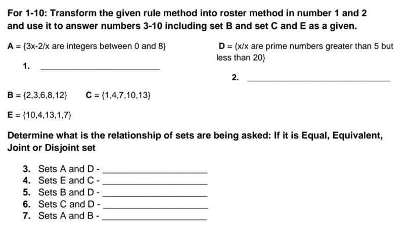 Solved For 1-10: Transform the given rule method into roster | Chegg.com