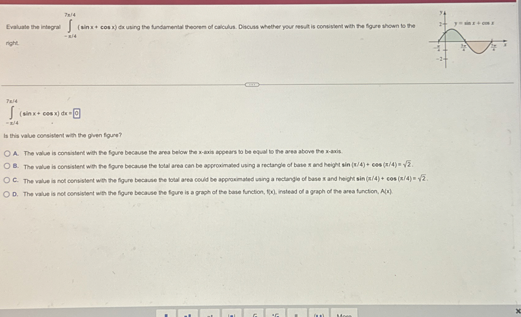 Solved Evaluate the integral ∫-π47π4(sinx+cosx)dx ﻿using the | Chegg.com