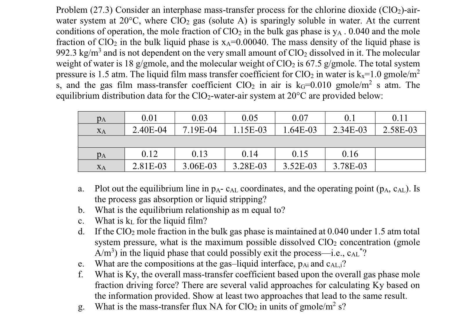 Problem (27.3) ﻿Consider an interphase mass-transfer | Chegg.com