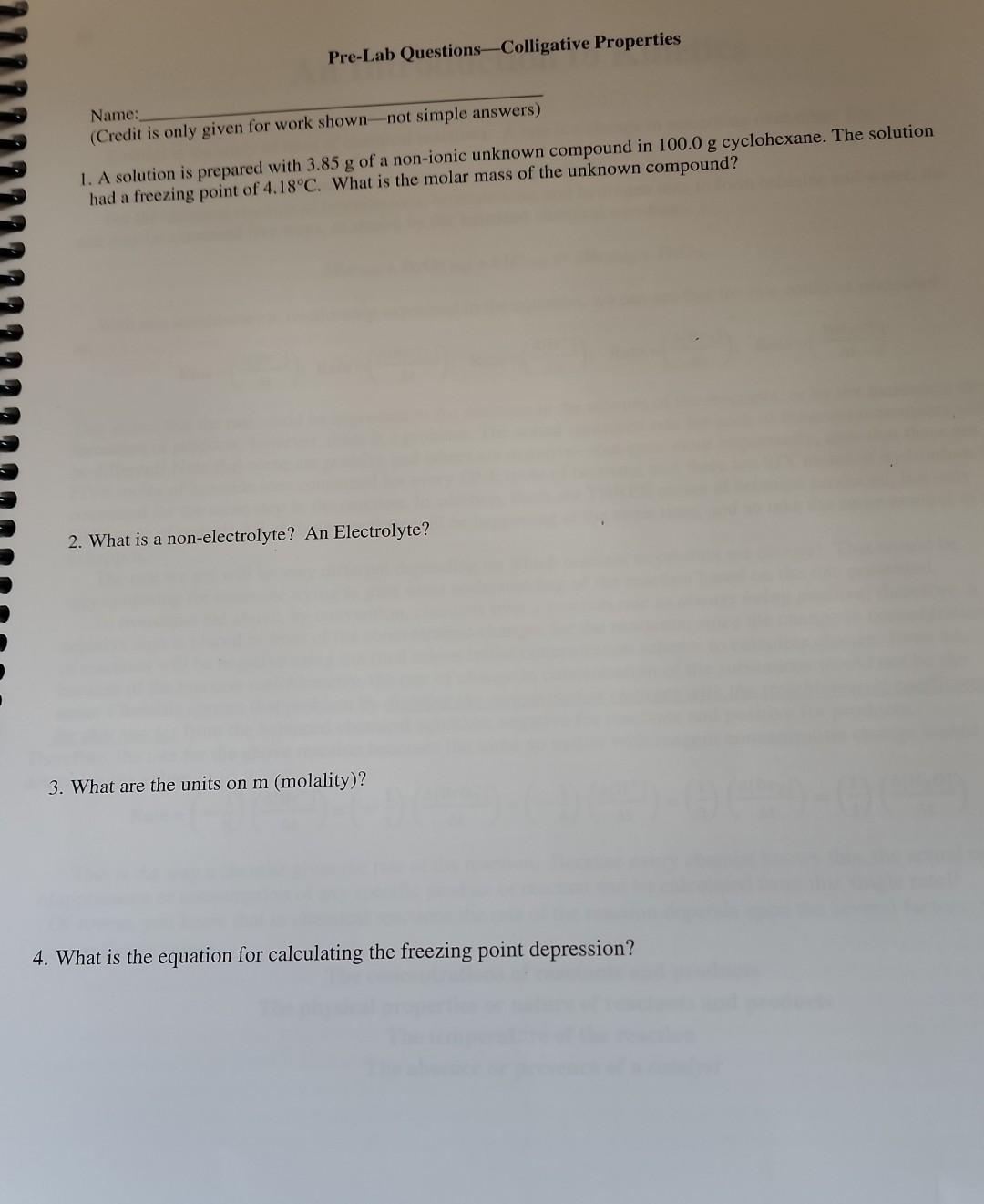 Solved Pre-Lab Questions-Colligative Properties Name: | Chegg.com