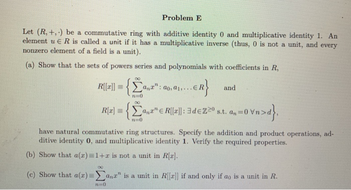 Solved Problem E Let (R, +,-) be a commutative ring with | Chegg.com