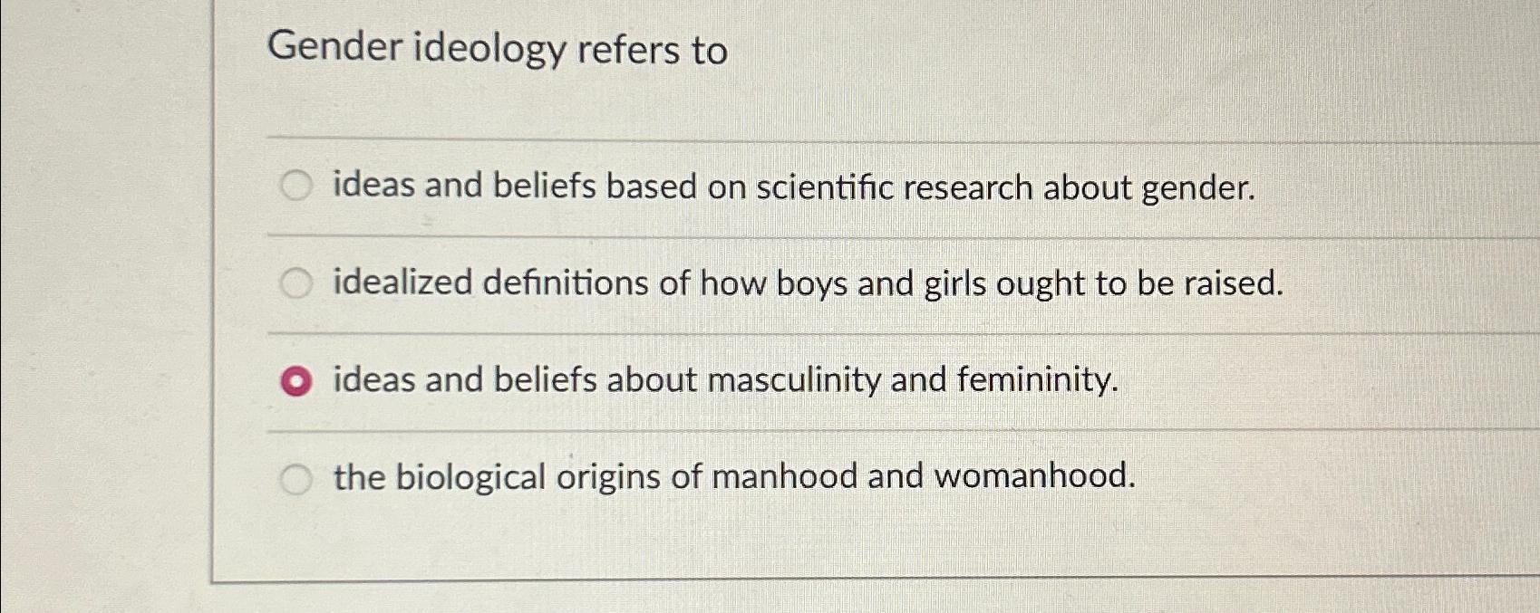 Solved Gender ideology refers toideas and beliefs based on | Chegg.com
