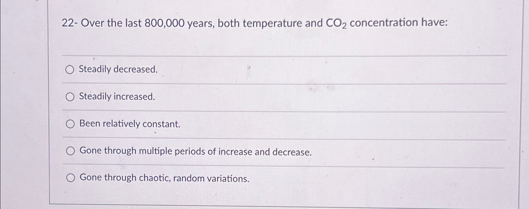 Solved 22- ﻿Over the last 800,000 ﻿years, both temperature | Chegg.com