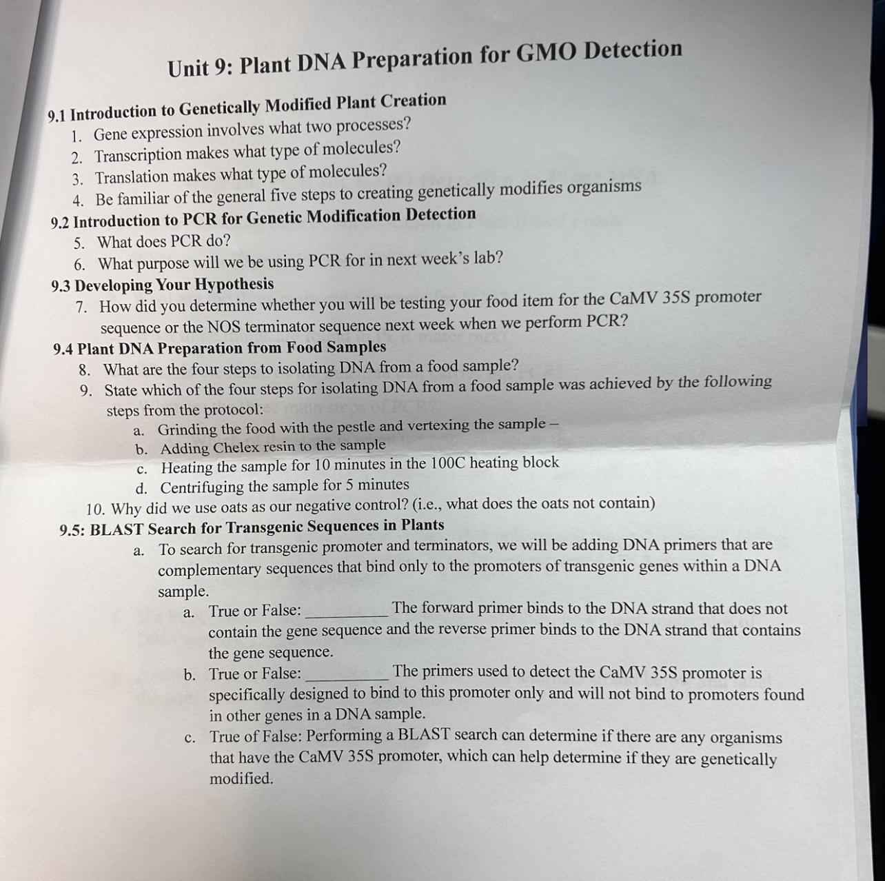 Solved Unit 9: Plant DNA Preparation for GMO Detection9.1 | Chegg.com