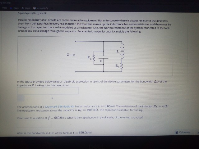5 points possible (gradec) Parallel resonant "tank" | Chegg.com