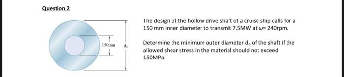 Solved Question 2 The design of the hollow drive shaft of a | Chegg.com