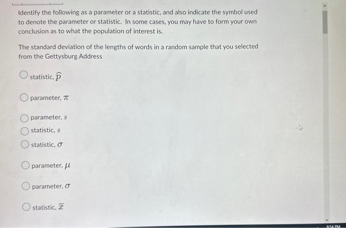 Solved Identify The Following As A Parameter Or A Statistic