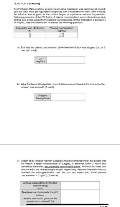 Solved QUESTION 3: [4 marks] An IV infusion (125 mcg/h) of | Chegg.com