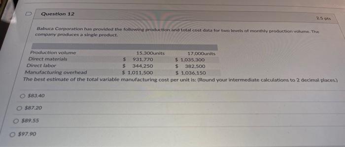 Solved Babuca Corporation has provided the followint | Chegg.com